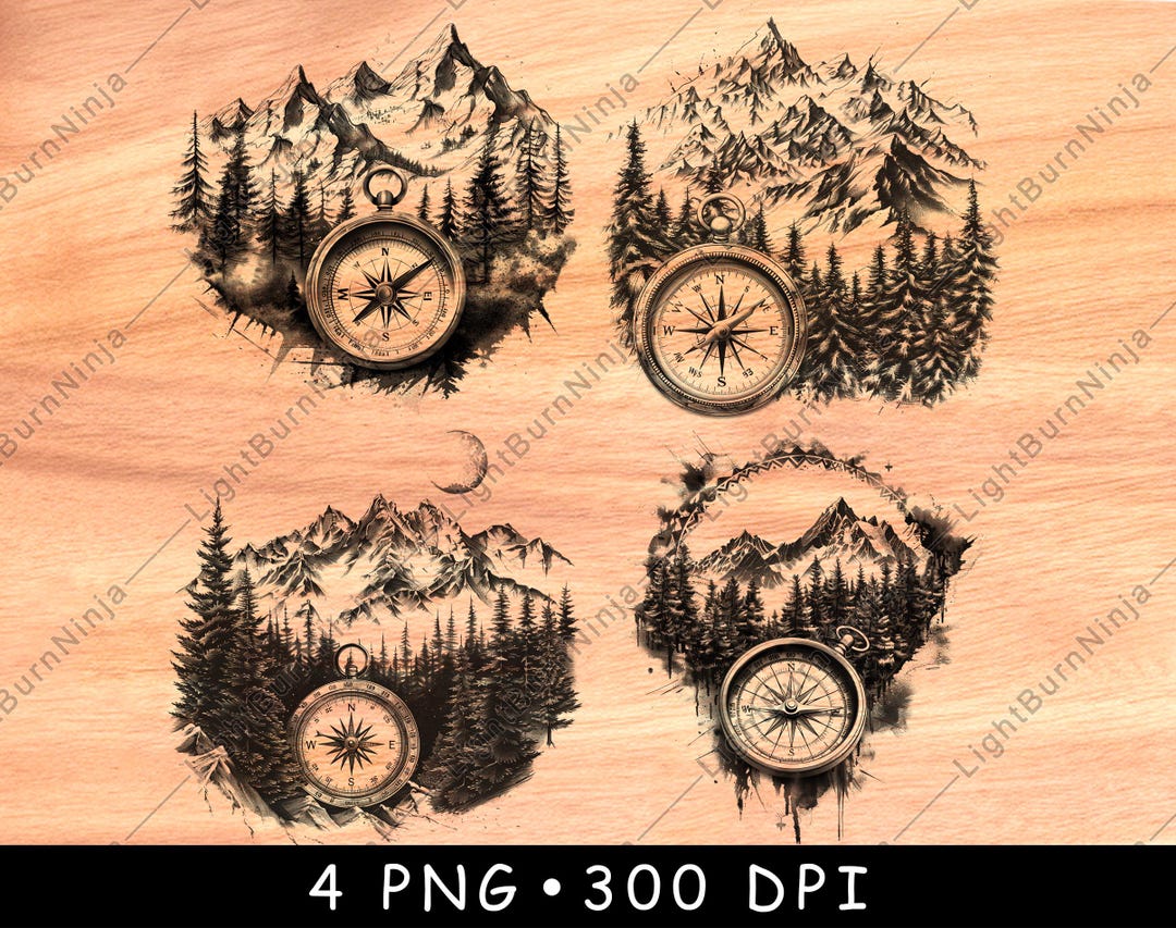 Mountain Compass PNG Bundle for Laser Engraving, Rustic Adventure Wall ...
