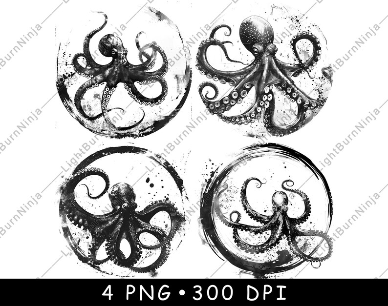 Octopus Circle Emblem PNG Bundle Nautical Kraken Sea Life Clipart Set ...