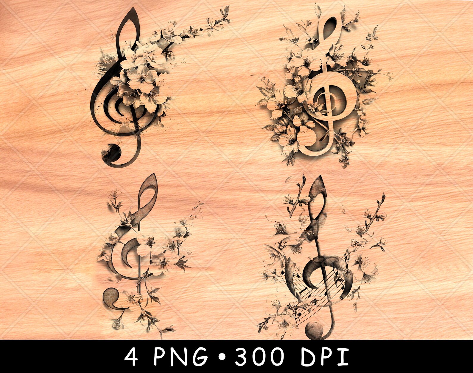 Cherry Blossoms Musical Note Treble G Clef Flowers Petals Art Laser ...