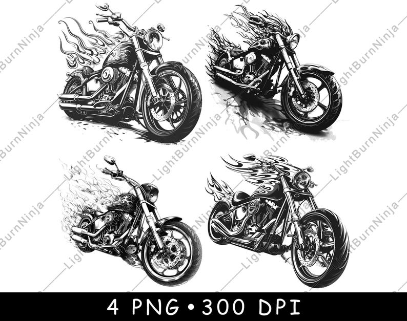 Flaming Motorcycle PNG Bundle, Biker Chopper Flame Art, Vintage Rider ...