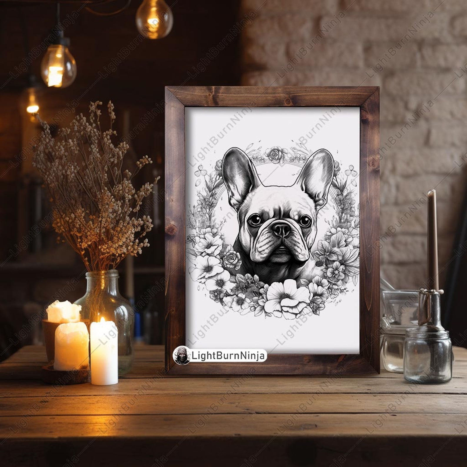French Bulldog Frenchie Head Floral Scene Flower Wreath Pet Laser File ...