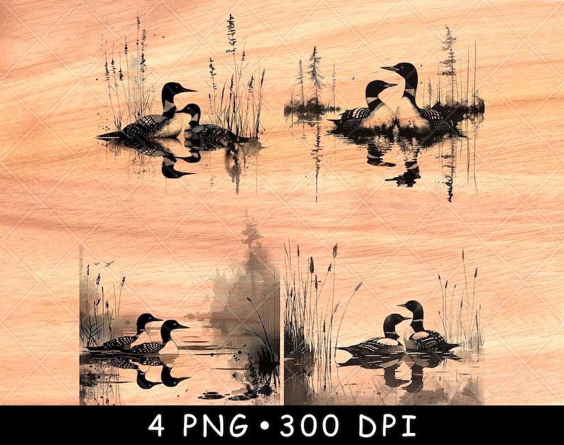 Loon Couple PNG Bundle, Lake Bird Engraving Design, Rustic Wildlife ...