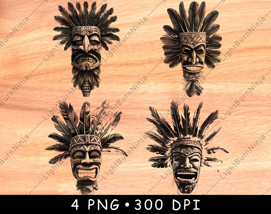 Tiki Mask Feathers Tribal Carved Face Headdress Exotic Ethnic Laser ...