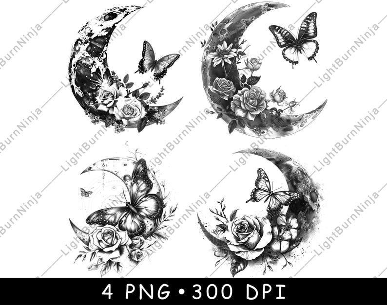 Crescent Moon Butterfly PNG Bundle, Floral Moon Clipart, Celestial Wall ...