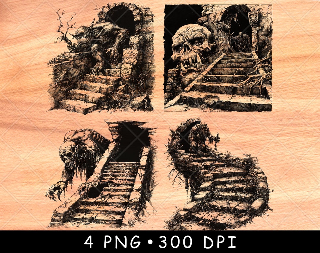 Horror Dungeon Stairs PNG Bundle, Creepy Monster Skull Crypt Engraving ...