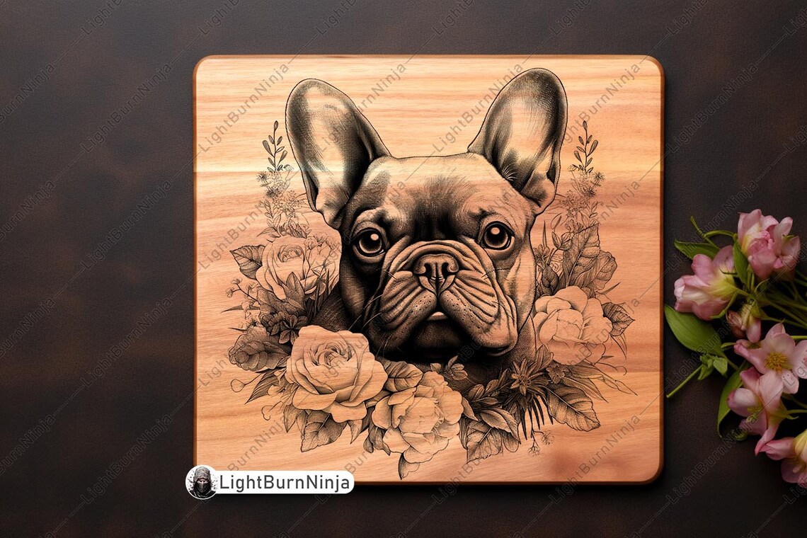 French Bulldog Frenchie Head Floral Scene Flower Wreath Pet Laser File ...
