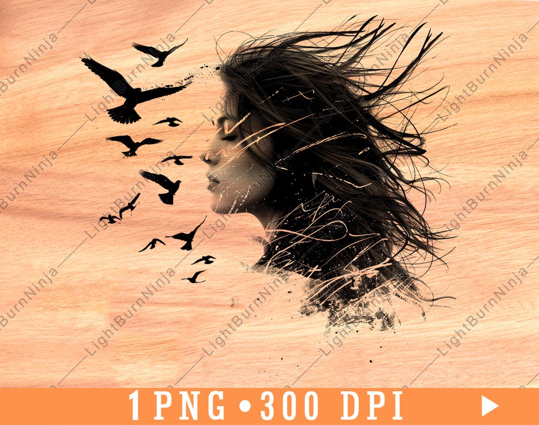 Beautiful Woman Windblown Hair Flock of Birds Freedom Peace Laser File ...