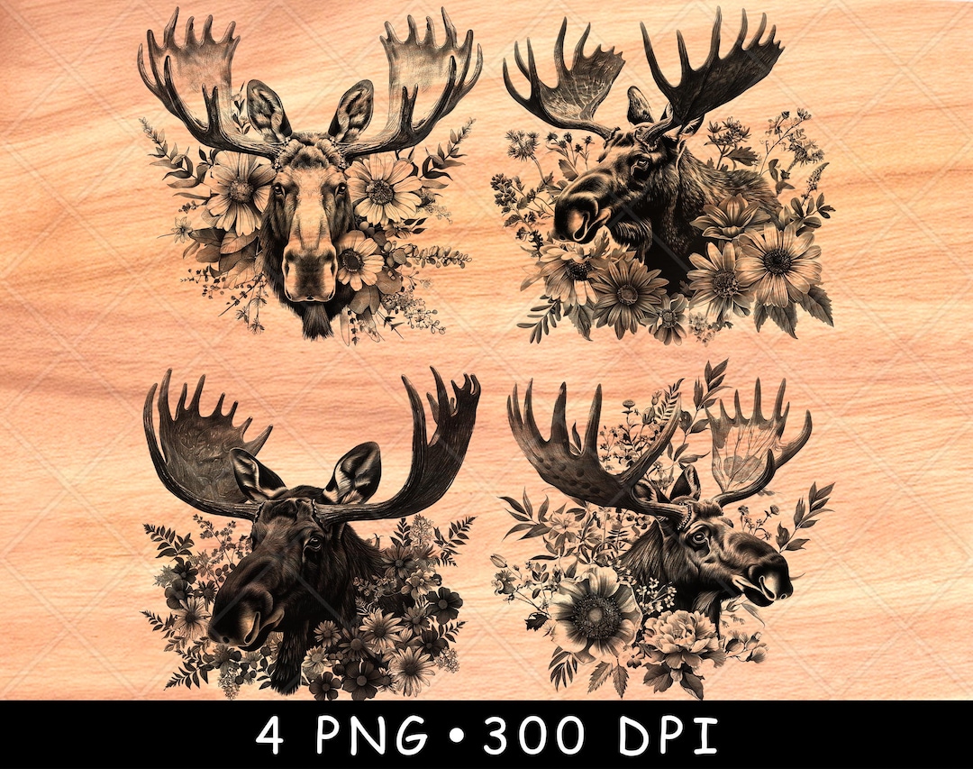 Moose Head Floral Scene Flower Bloom Bull Elk Wapiti Wildlife Laser ...