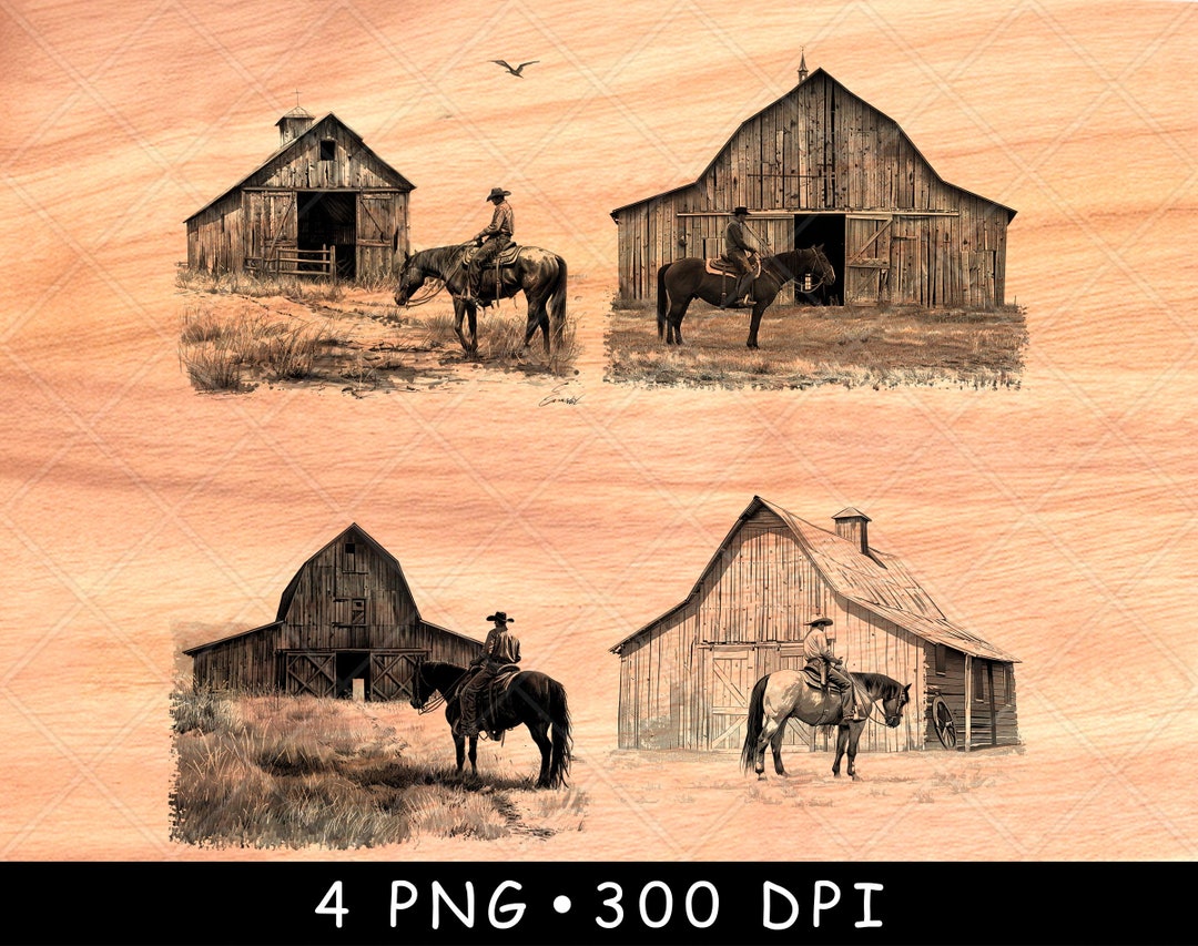 Rustic Barn Cowboy Horseback Ride Wild West Rancher Farmland Laser File ...