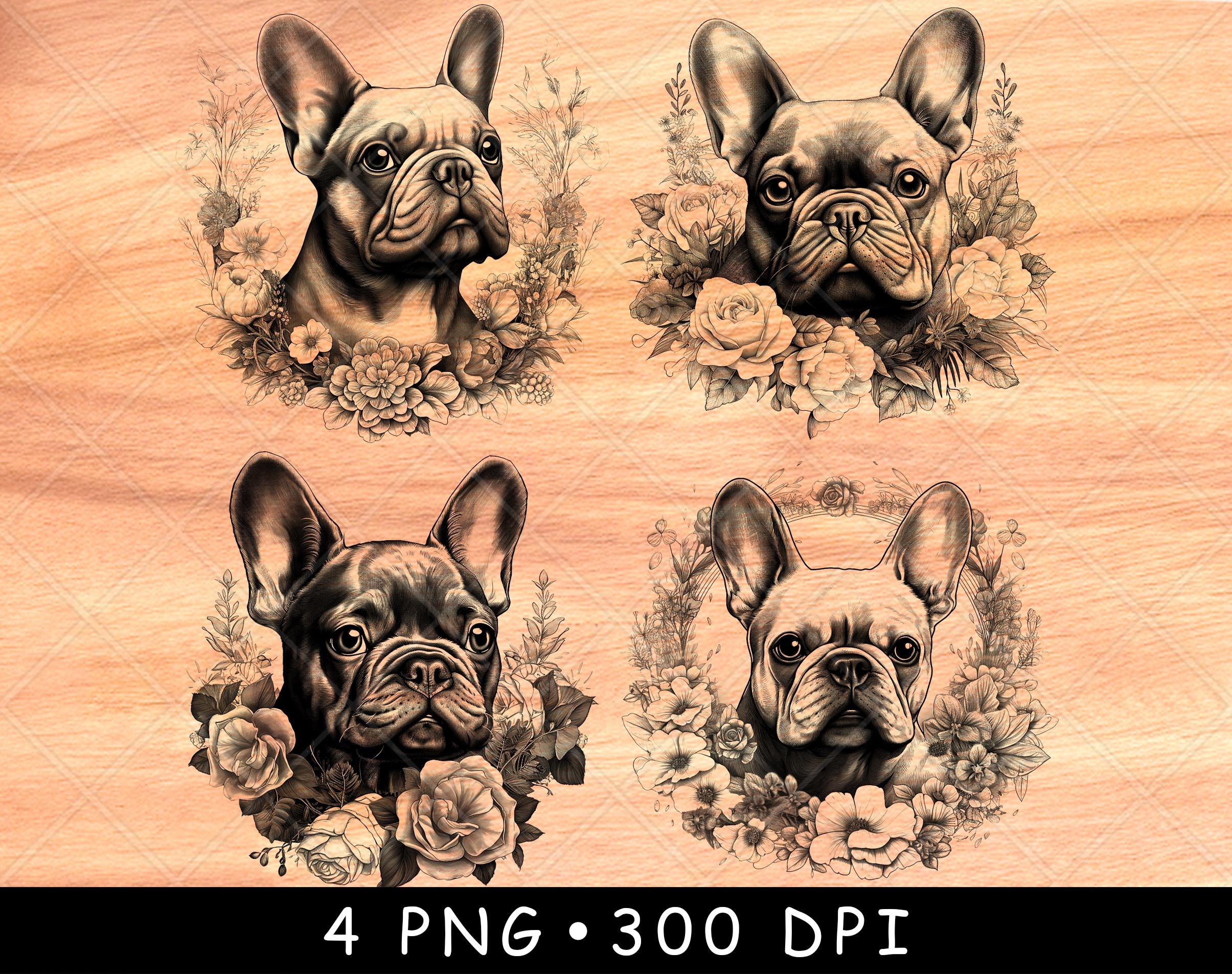 French Bulldog Floral PNG Bundle, Frenchie Dog Portrait Laser Engraving ...