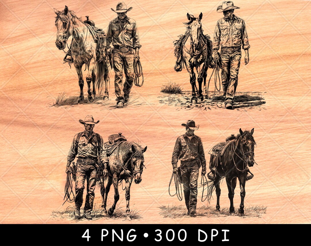 Cowboy and Horse PNG Western Ranch Scene for Laser Engraving Country ...