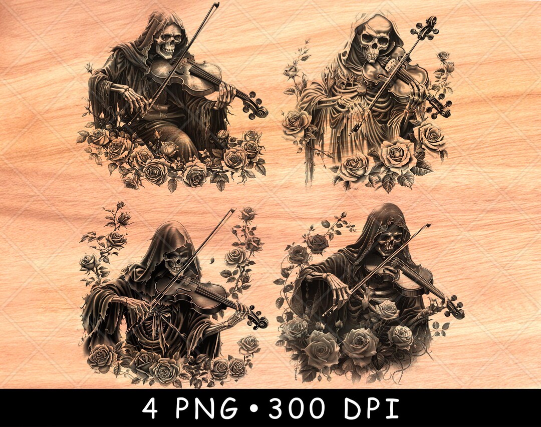 Skeletal Grim Reaper Playing Violin Flowers Roses Dark Gothic Laser ...