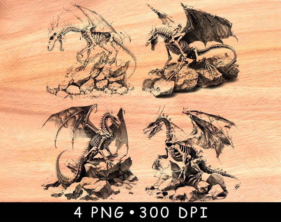 Skeleton Dragon PNG Bundle | Undead Dragon on Rocks Set | Dark Fantasy ...