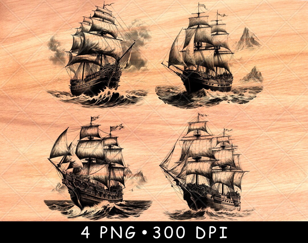 Vintage Pirate Ship PNG for Laser Engraving, Old Sailing Ship Clipart ...