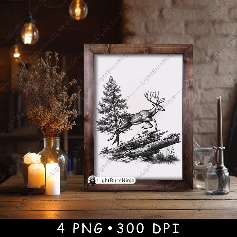 Deer Jumping Over Fallen Log Forest Wildlife Antler Tree Buck Laser ...