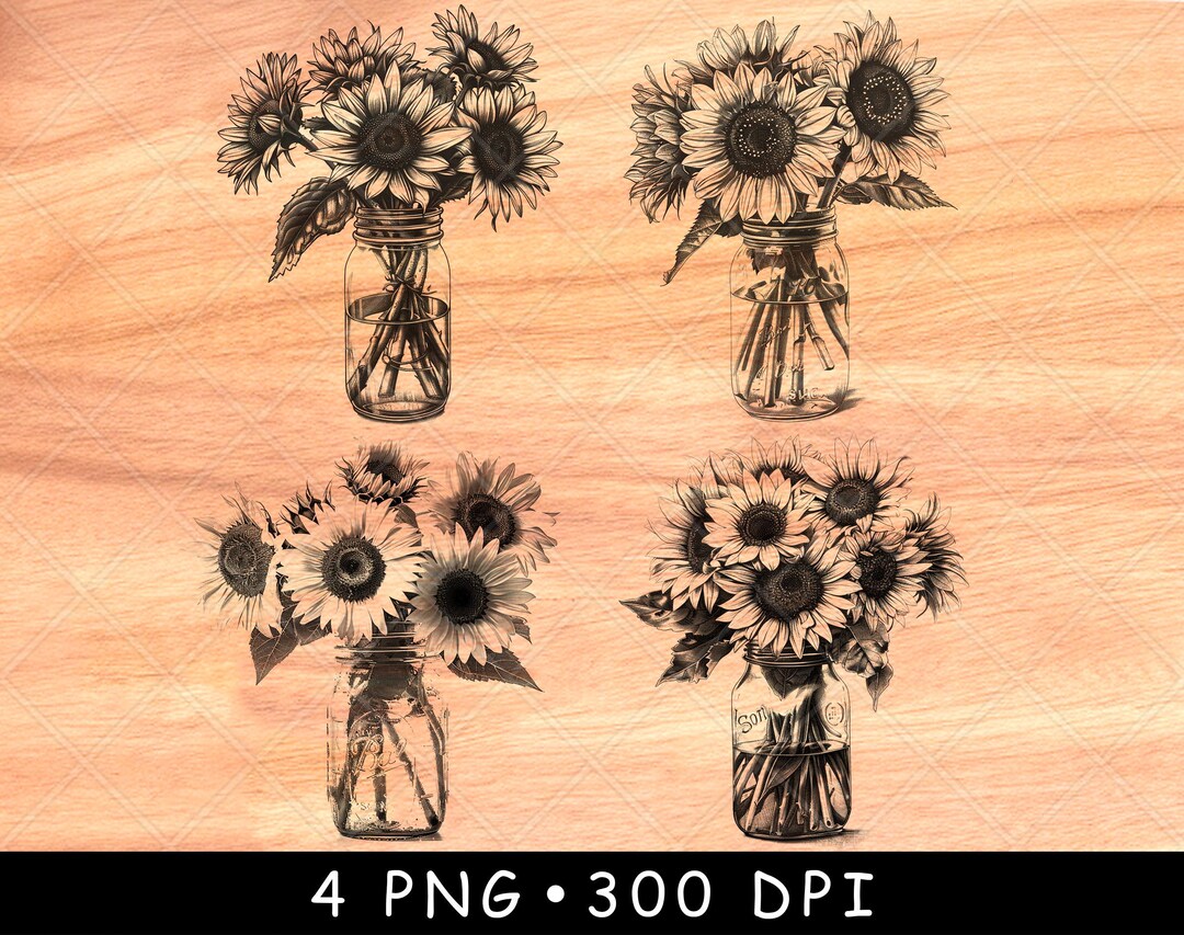 Sunflower Mason Jar PNG Bundle, Rustic Floral Bouquet Design, Farmhouse ...