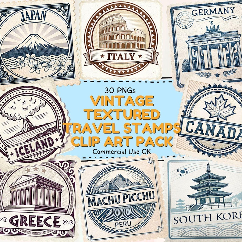 Vintage Textured Passport Stamps Clip Art - 30 Pngs of Different ...