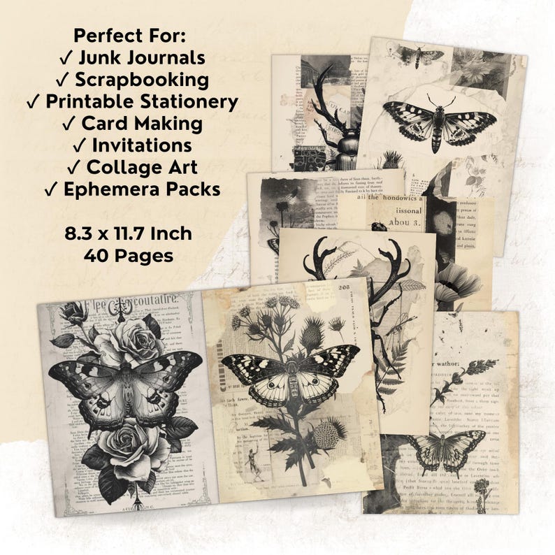 Vintage Insect Botanical Digital Paper | Black & White Butterfly Moth ...