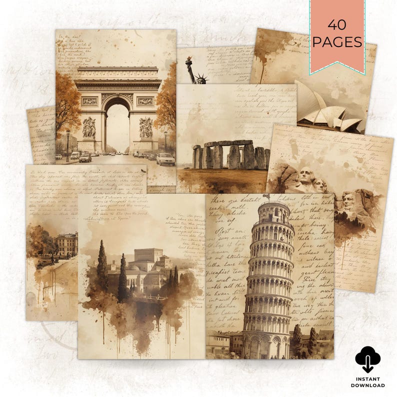 Vintage World Landmarks Digital Paper: Travel Scrapbook Backgrounds (A4 ...