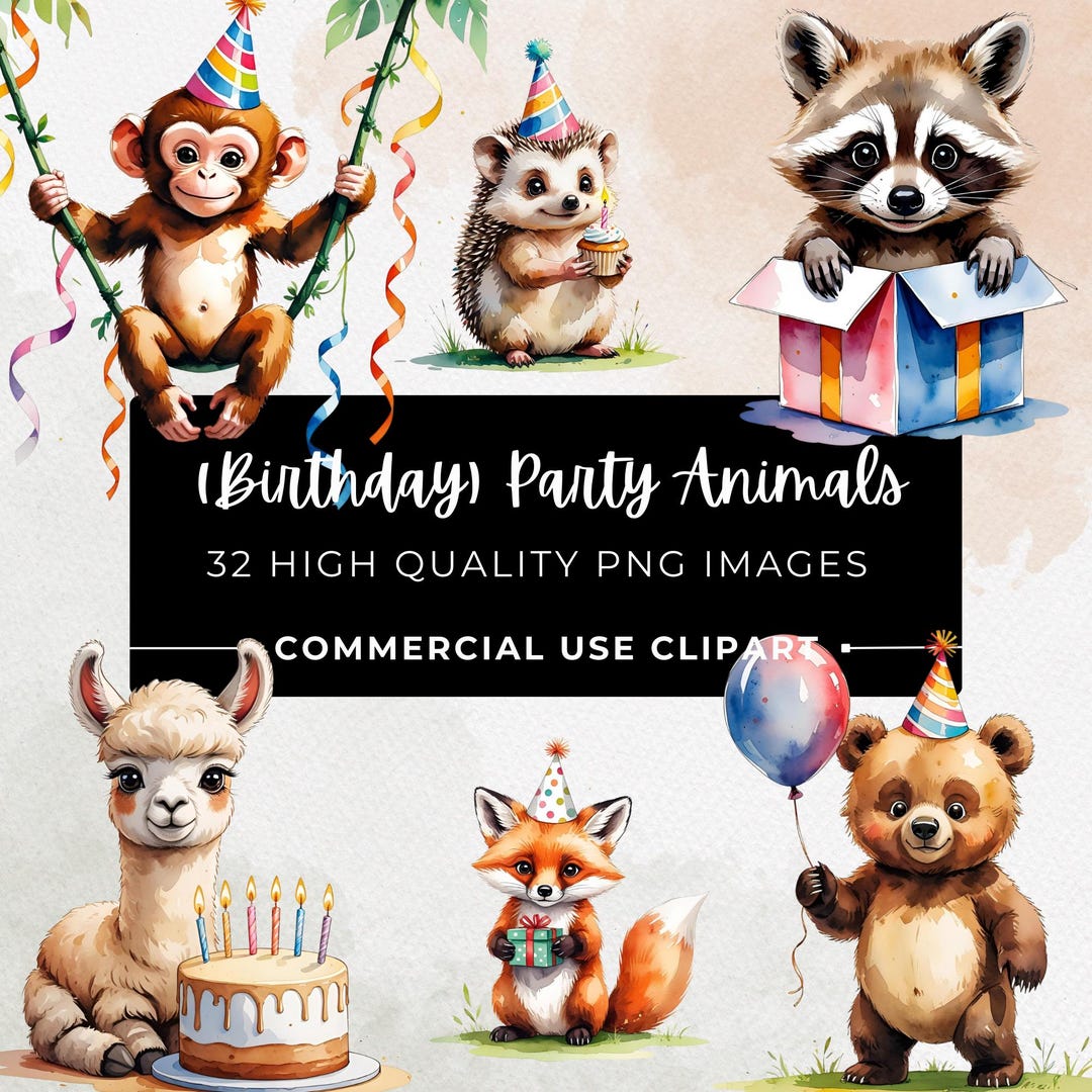 Birthday Animals Clipart Bundle | 32 PNG Illustrations | Cute Animal ...