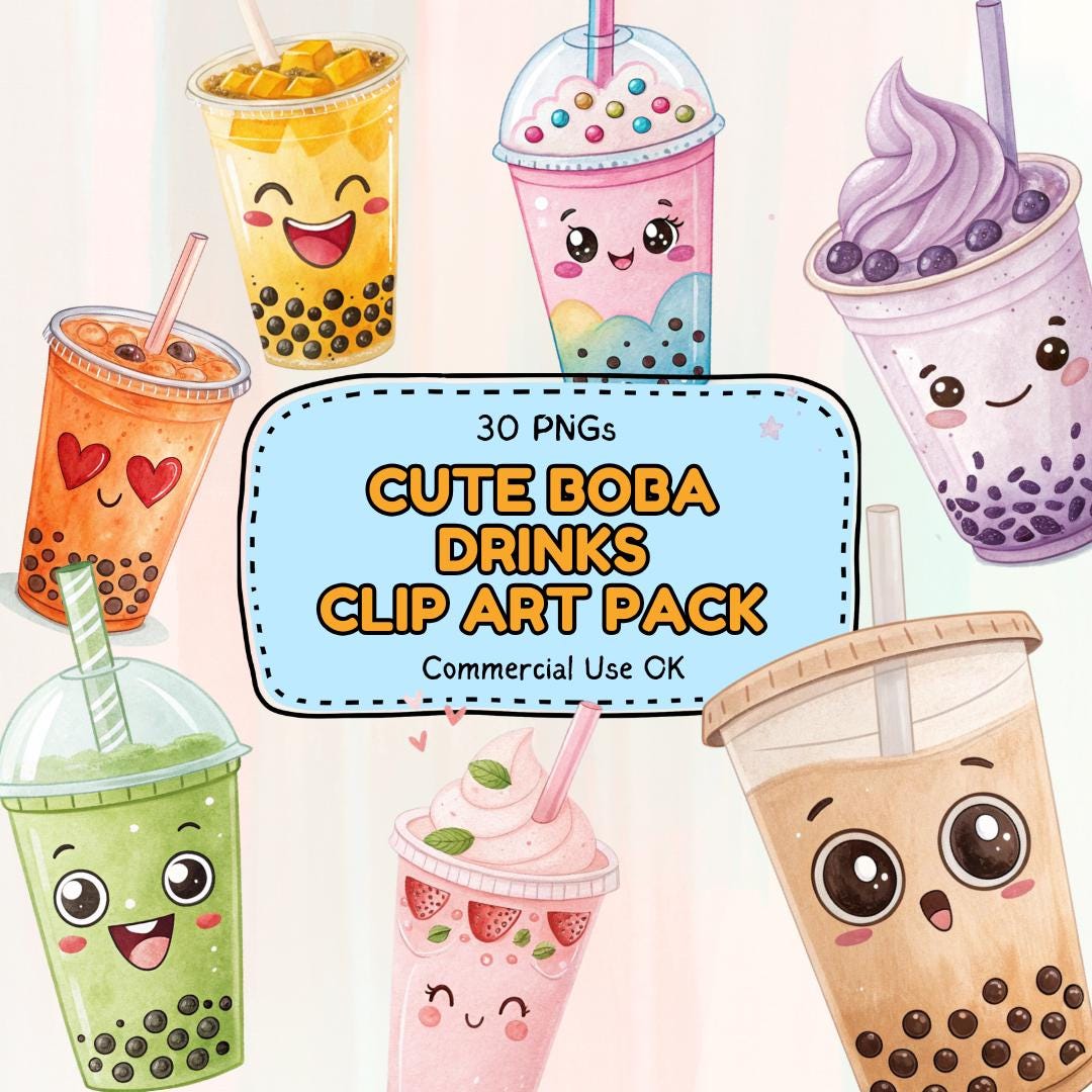 30 Cute Boba Clipart PNG | Kawaii Bubble Tea Stickers | Hand-painted ...