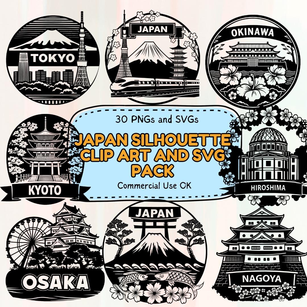 Japan Landmark Silhouette Clipart PNG and SVG Bundle: Tokyo, Kyoto ...