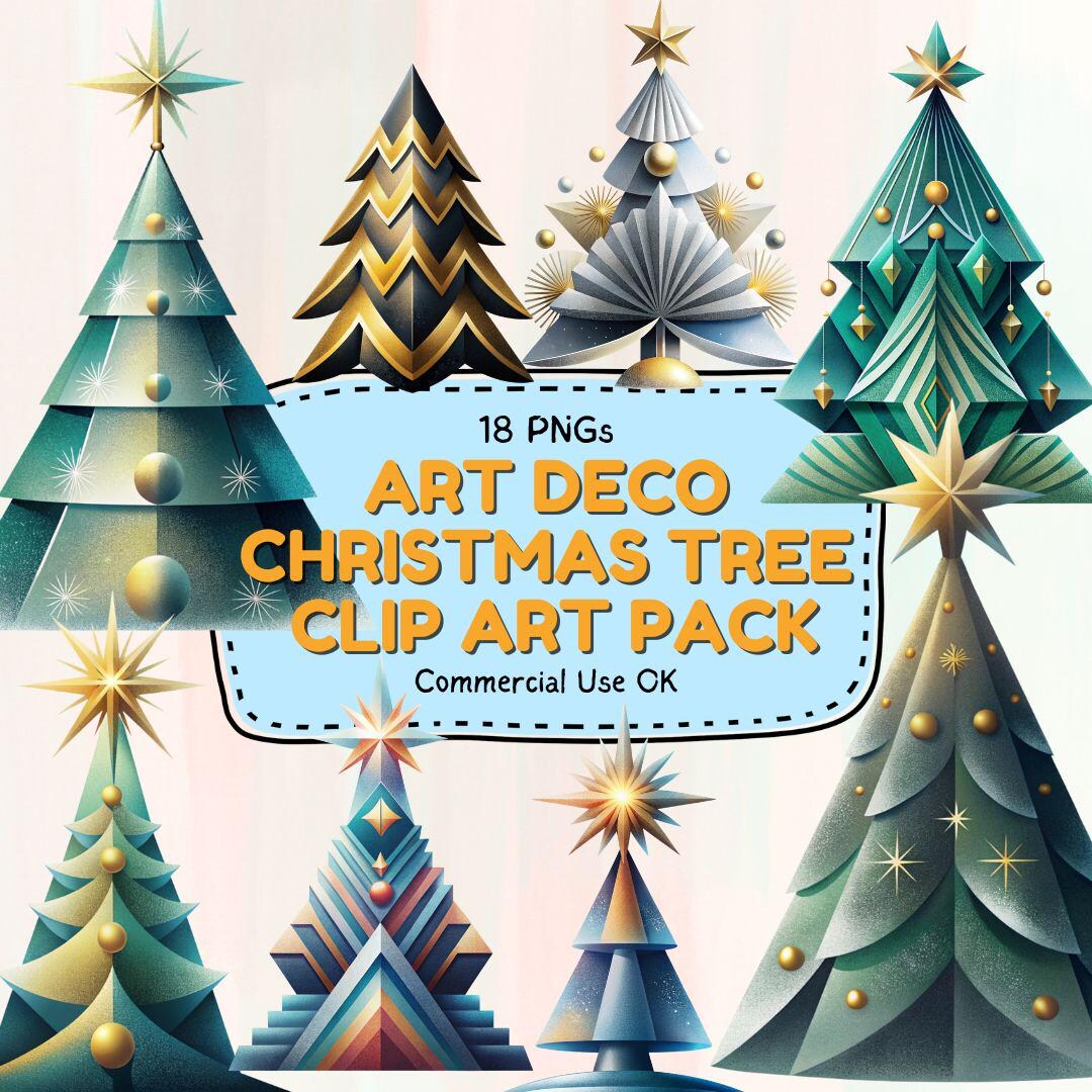 Art Deco Christmas Tree Clipart Set 18 Pngs Vintage Glam Holiday Decor ...