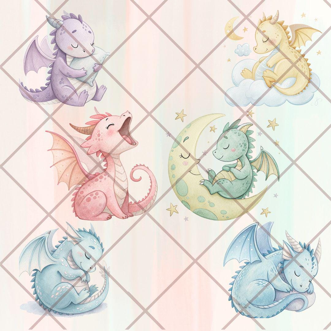 30 Pastel Baby Dragon Clipart Bundle Watercolor PNG, Cute Fantasy ...