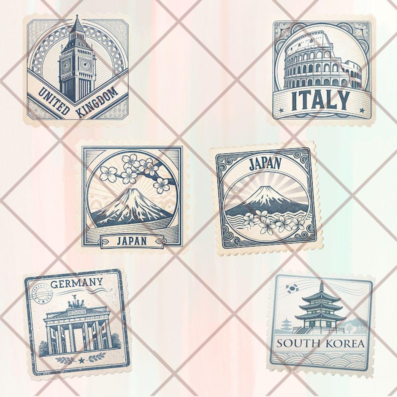 Vintage Textured Passport Stamps Clip Art - 30 Pngs of Different ...