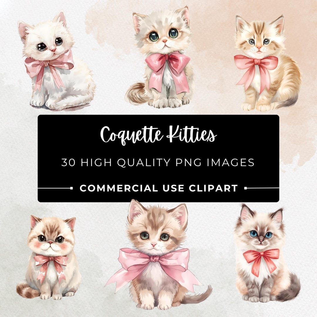 Dreamy Watercolor Cat Clipart Set – 30 Cute Pink Bow Cats Pngs, Pastel ...