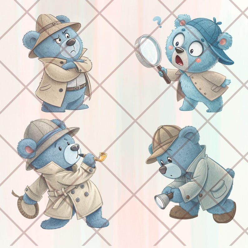 21 Teddy Bear Detective PNG Bundle, Cute Blue Bear Clipart, Mystery ...