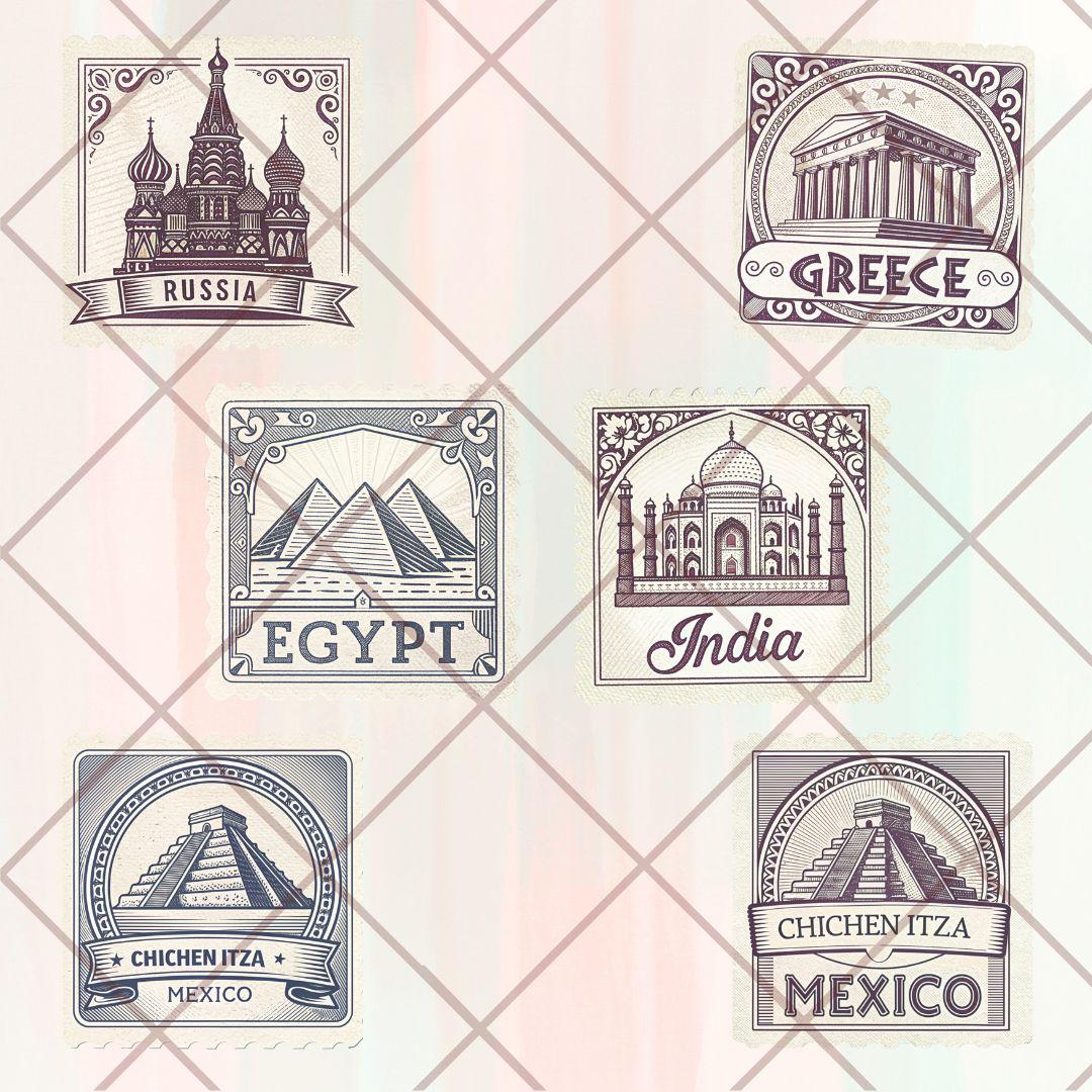 Vintage Textured Passport Stamps Clip Art - 30 Pngs of Different ...
