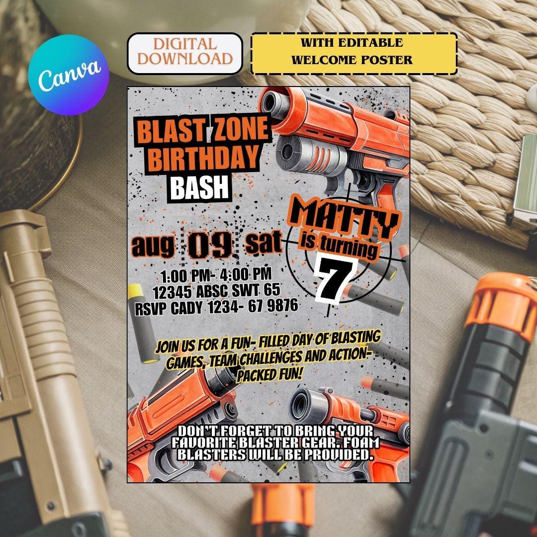 Editable Foam Blaster Birthday Invitation Blast Zone Birthday Bash ...