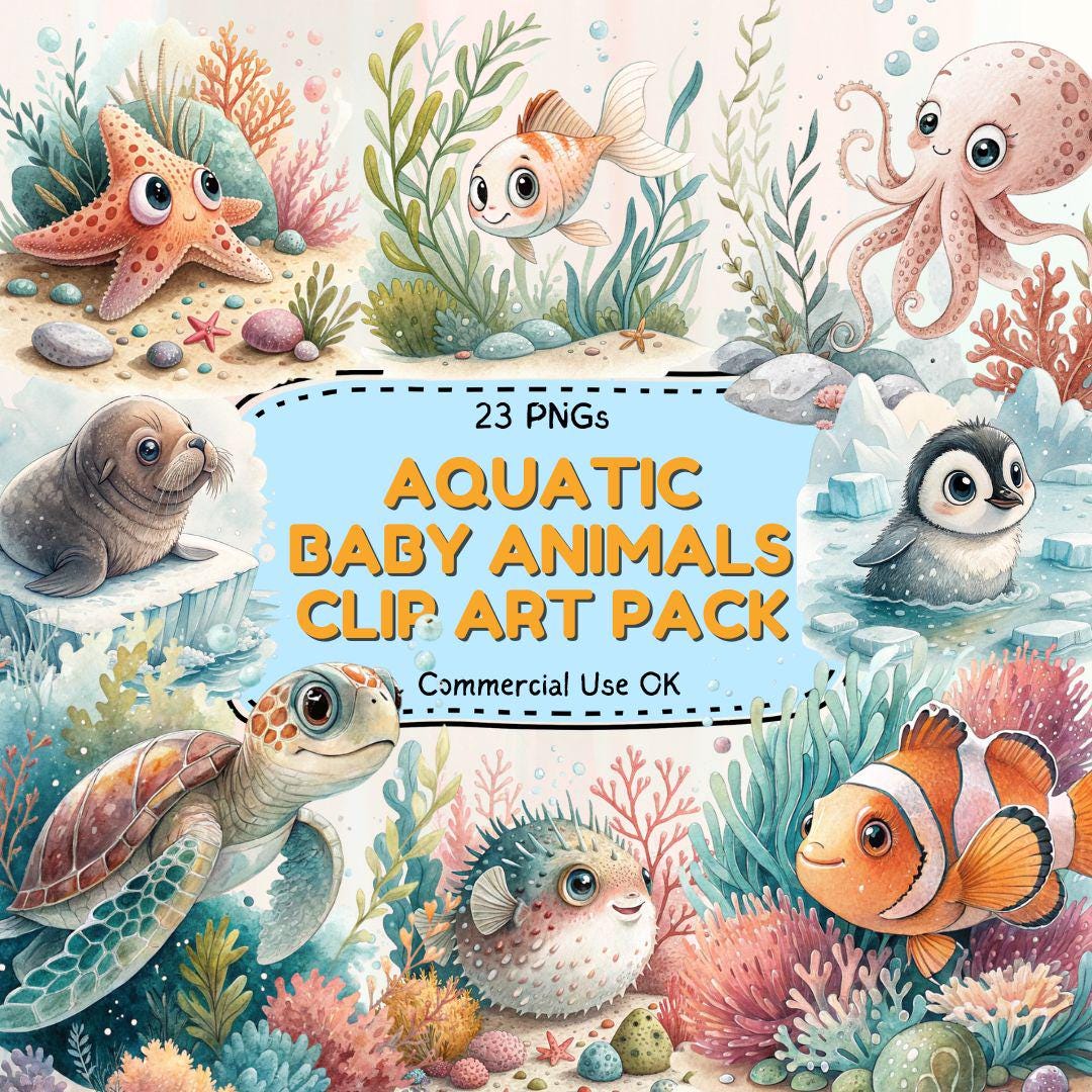 Watercolor Baby Ocean Animals Clipart: 23 Aquatic Pngs (digital ...