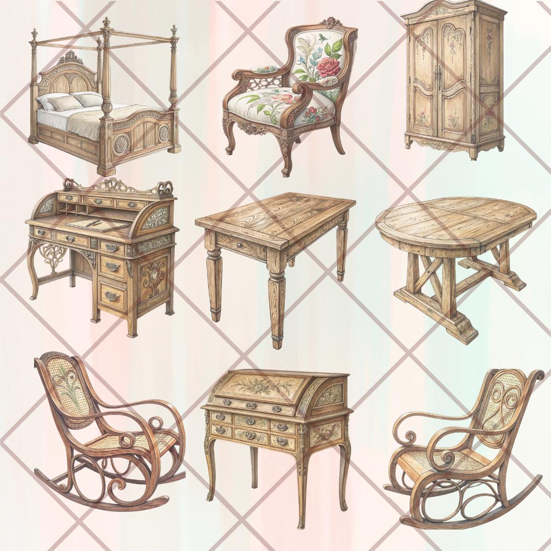 42 Vintage Wooden Furniture Clipart | Hand-painted Pngs | Rustic ...