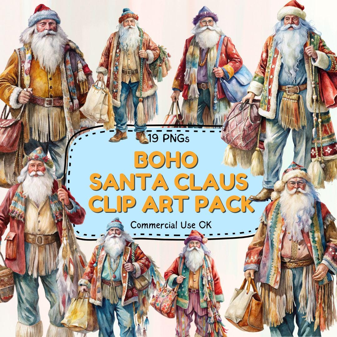 Retro Boho Santa Claus Clip Art Pack 19 Pngs With Transparent ...