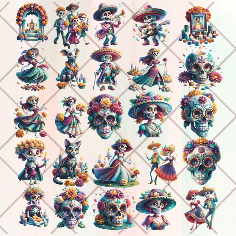Dia De Los Muertos Clipart Bundle | 25 Colorful Sugar Skulls, Skeletons ...