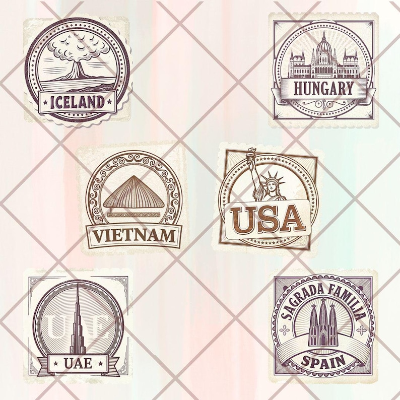 Vintage Textured Passport Stamps Clip Art - 30 Pngs of Different ...