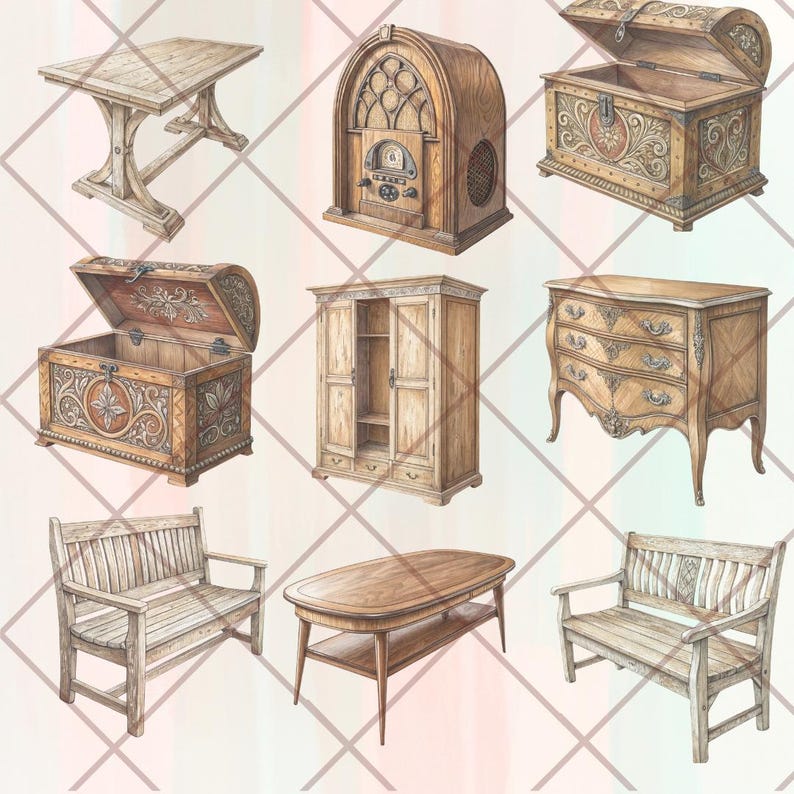42 Vintage Wooden Furniture Clipart | Hand-painted Pngs | Rustic ...