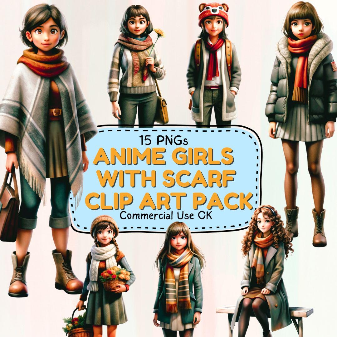 15 Anime Girls in Scarf Clip Art Pack Scarf Season, Autumn Aesthetic ...