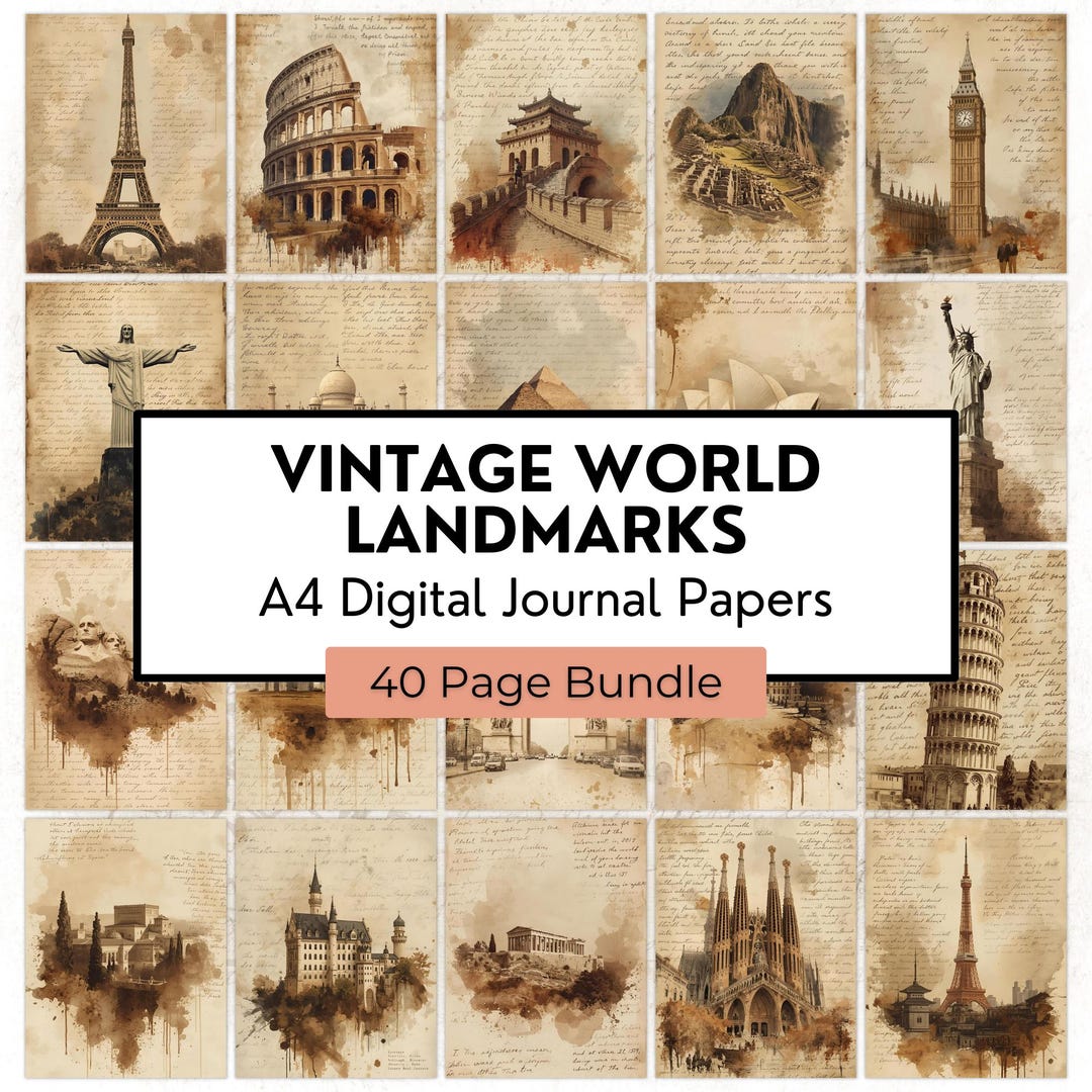 Vintage World Landmarks Digital Paper: Travel Scrapbook Backgrounds (A4 ...