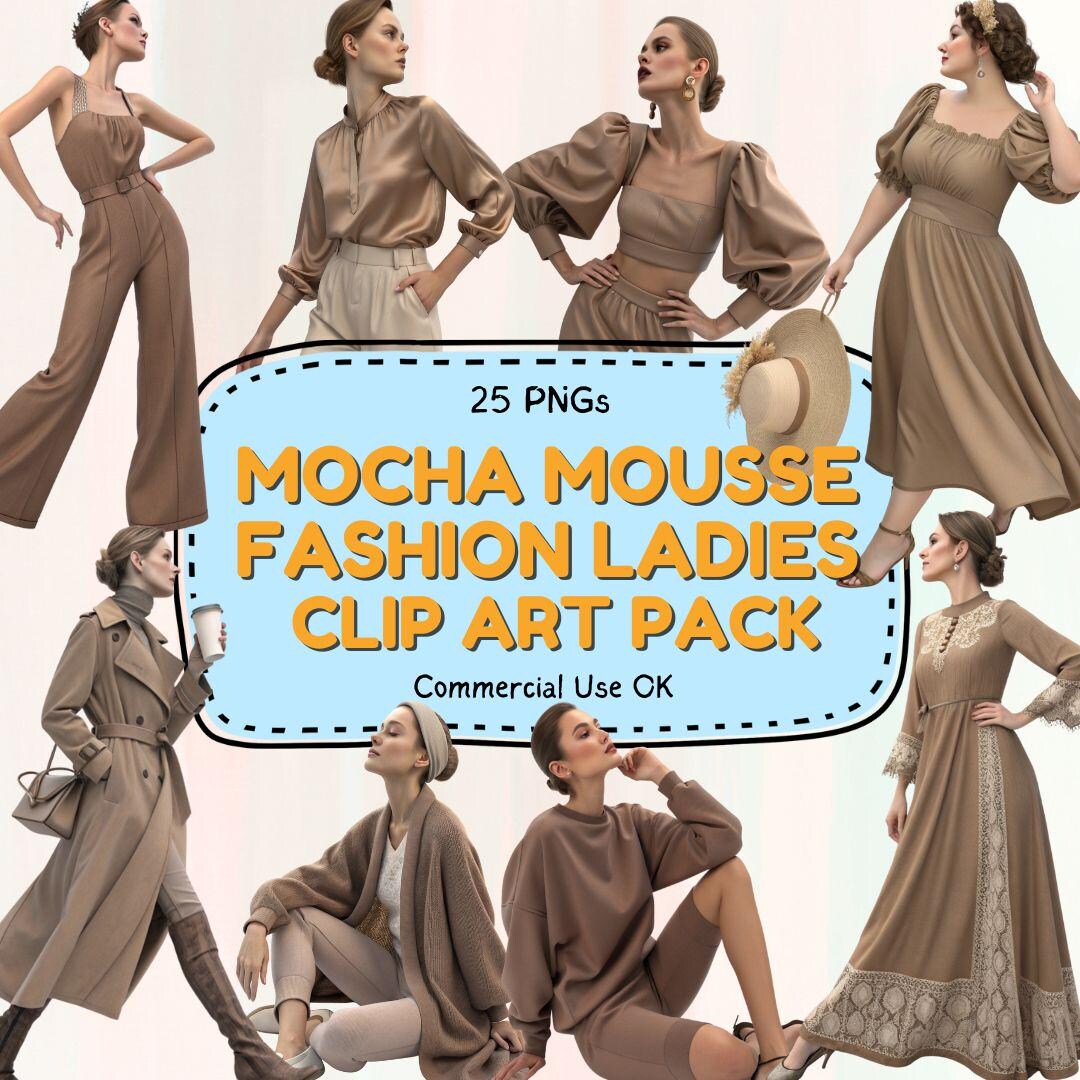 Mocha Mousse Aesthetic Fashion Clipart Set 25 Pngs Diverse Models 2025 ...