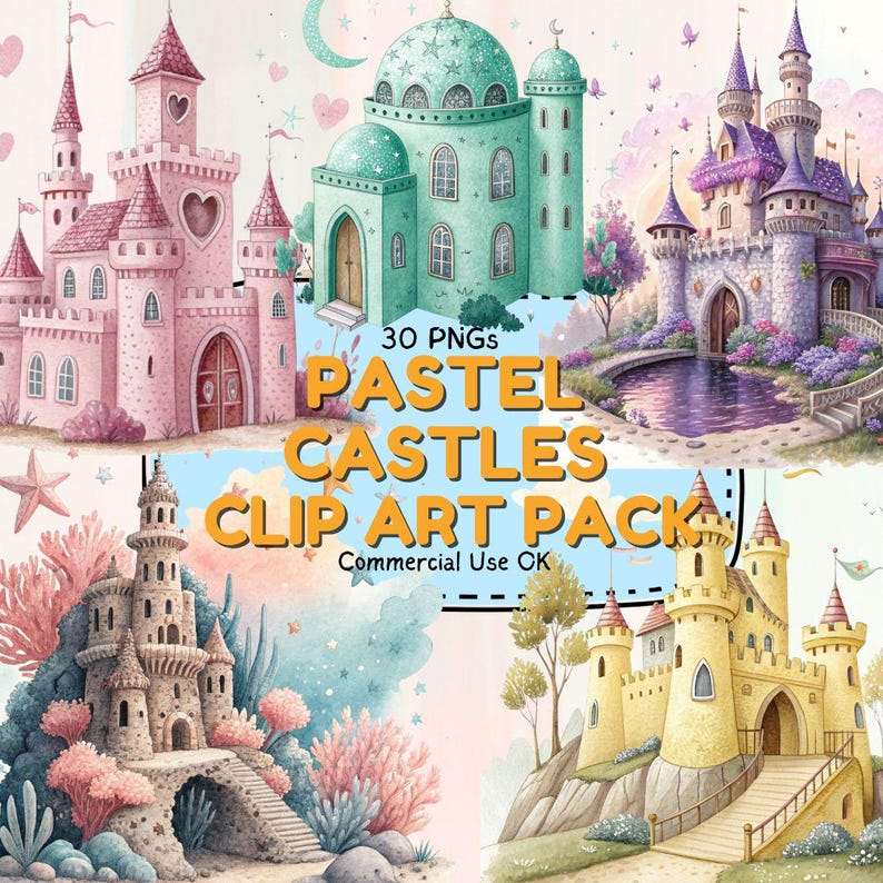 Pastel Castle Clipart Set – 30 Dreamy Fairy Tale Castle Pngs in Soft ...