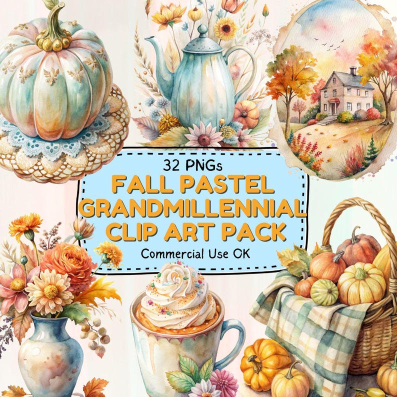 32 Pastel Grandmillennial Fall Clip Art Pngs Vintage Autumn Cottagecore ...