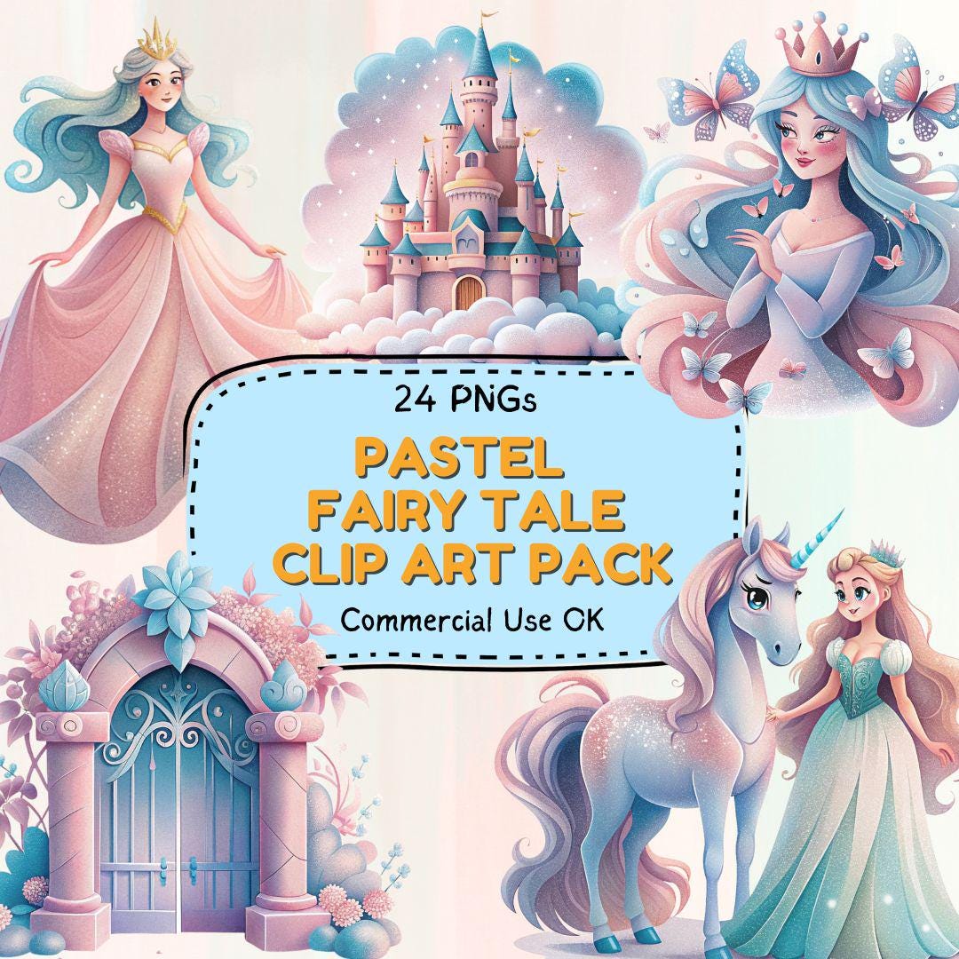 24 Pastel Fairy Tale Princess Illustrations Whimsical Clipart for DIY ...
