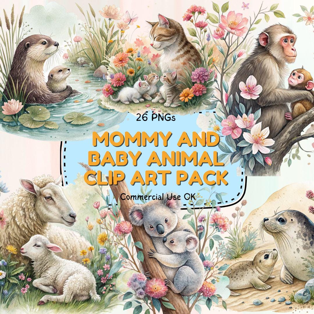 Watercolor Mommy & Baby Animal Clipart – Jungle Nursery Illustrations ...