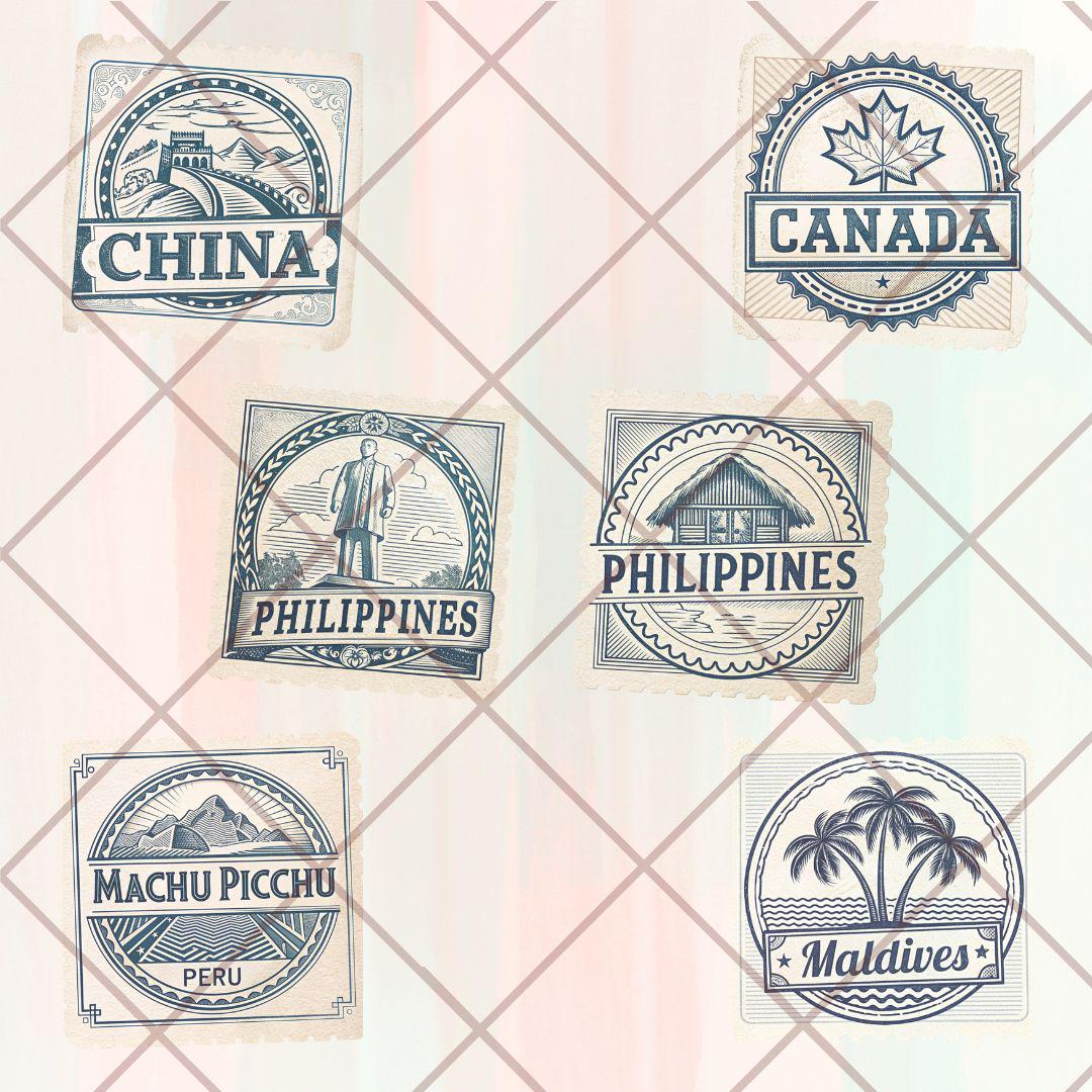Vintage Textured Passport Stamps Clip Art - 30 Pngs of Different ...