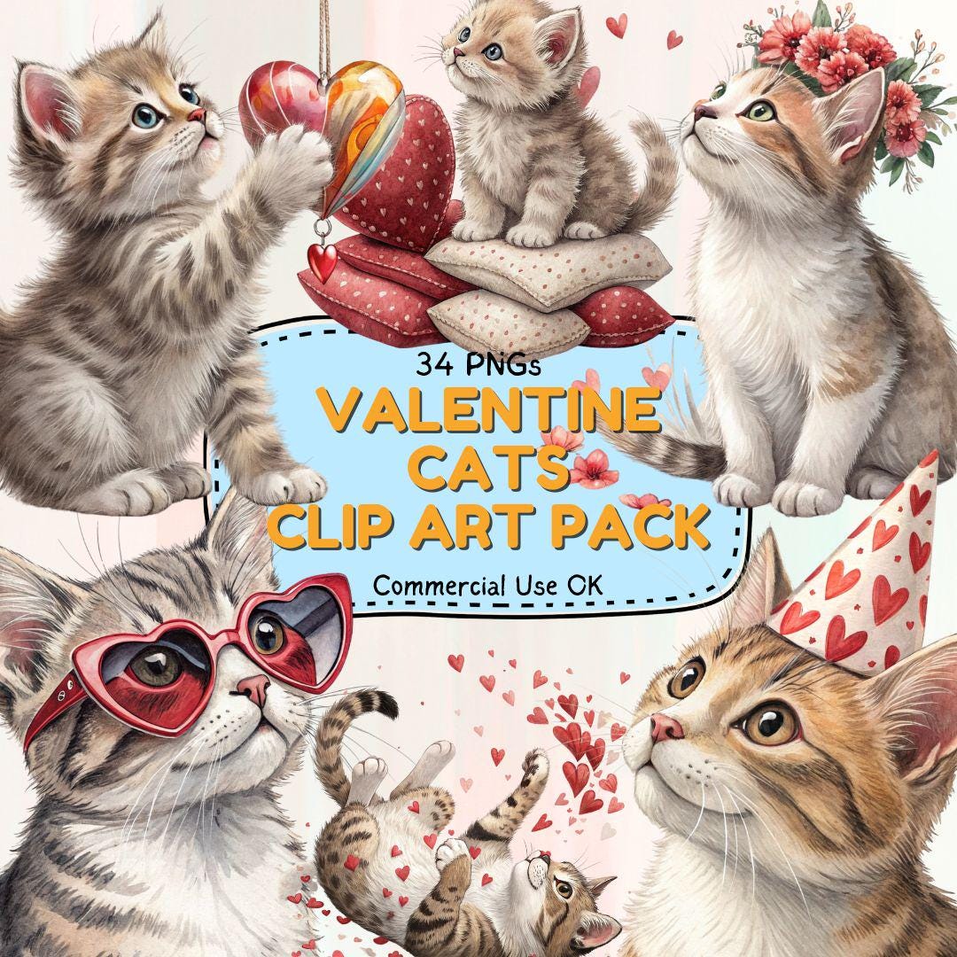34 Valentine Cats Clip Art - Cute Pngs for Crafts, Scrapbooking ...
