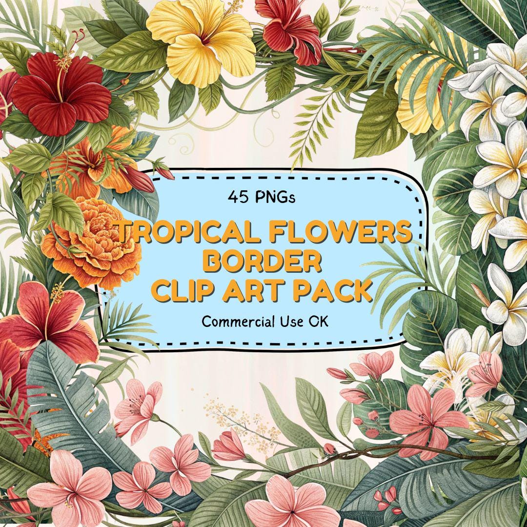 Tropical Flower Garland & Border Clip Art - 45 Pngs, Tropical Floral ...