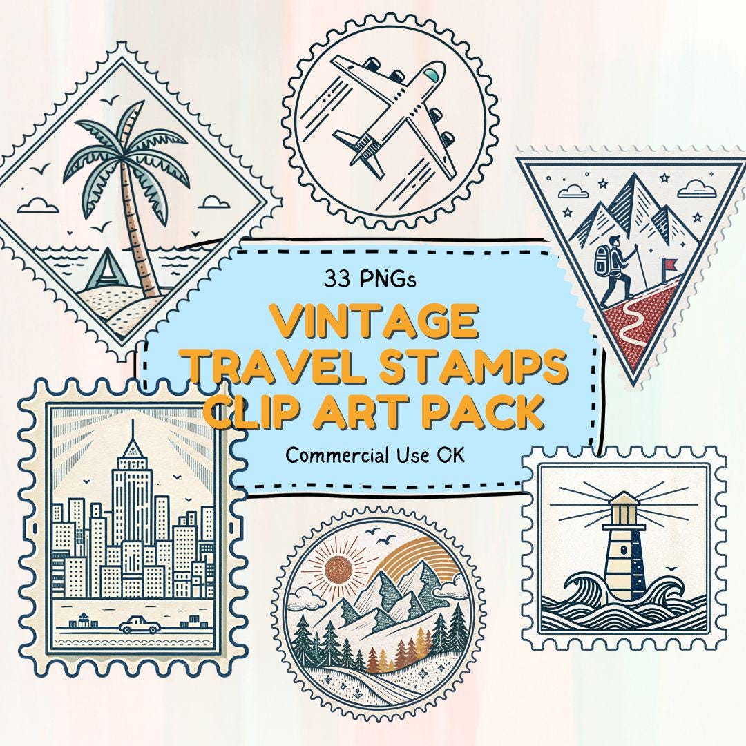 Vintage Travel Stamps Clip Art | 33 Pngs | Transparent & Non ...